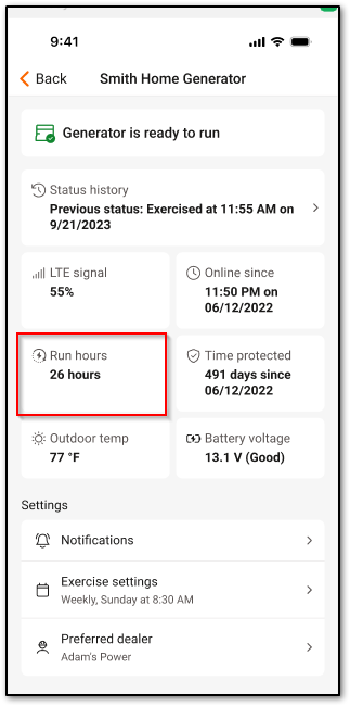 How do I find out how many run hours are on my home standby generator?