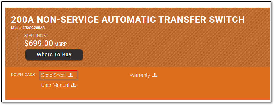 How do I find a spec sheet for my transfer switch?